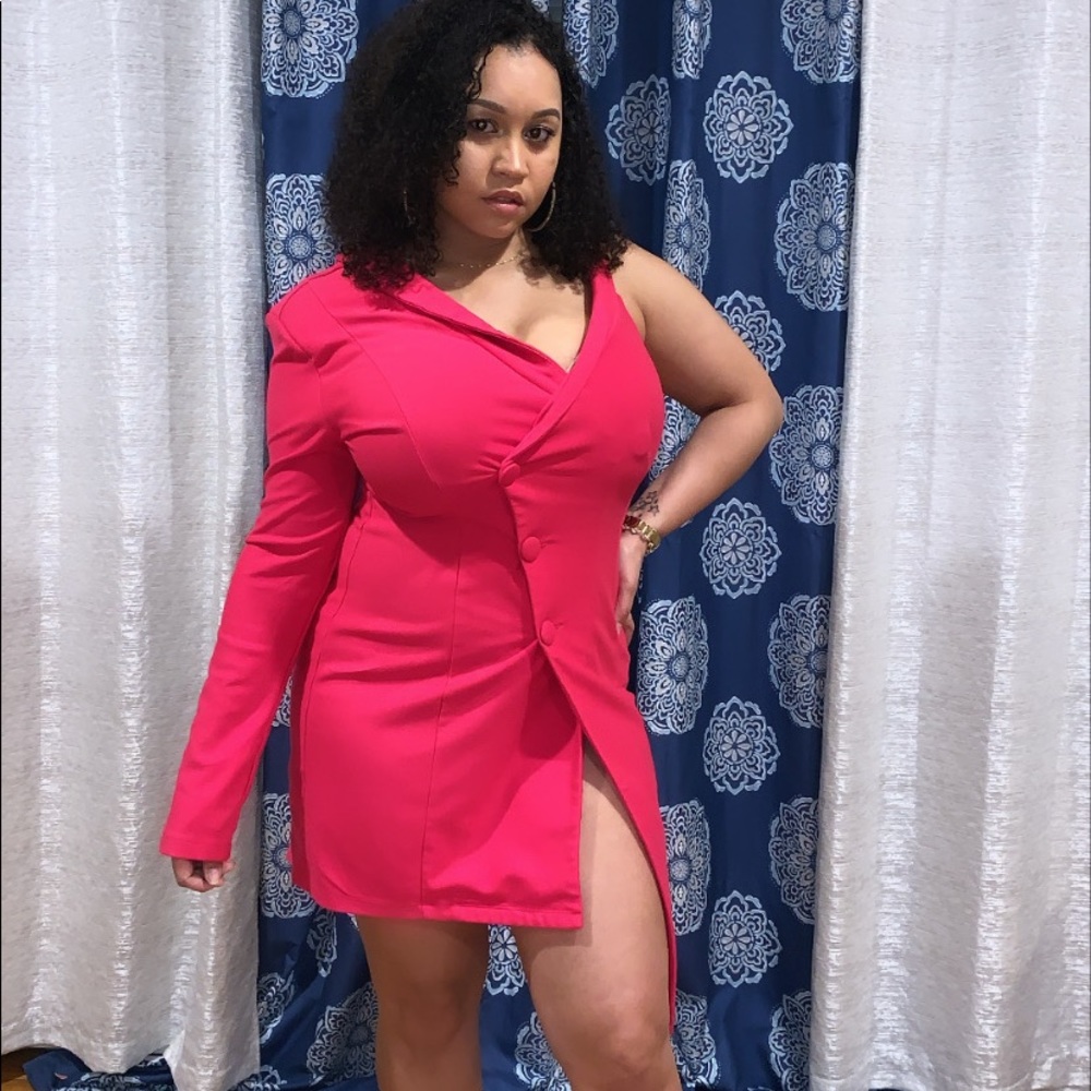 Hot Pink, One Arm Asymmetrical Dress - Gem